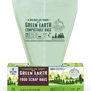 Green Earth Compostable Medium Kitchen Food Scrap Waste Bags, Compost Bin Compatible, 8 Gallon, 30 Liter, 25-Count, 0.85 Mil Thickness, ASTM D6400, US BPI and Europe OK Compost Home Certified, USA