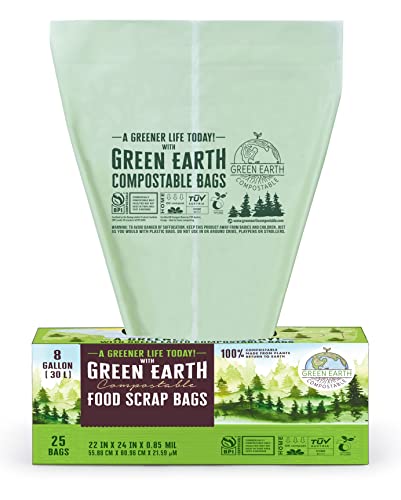 Green Earth Compostable Medium Kitchen Food Scrap Waste Bags, Compost Bin Compatible, 8 Gallon, 30 Liter, 25-Count, 0.85 Mil Thickness, ASTM D6400, US BPI and Europe OK Compost Home Certified, USA