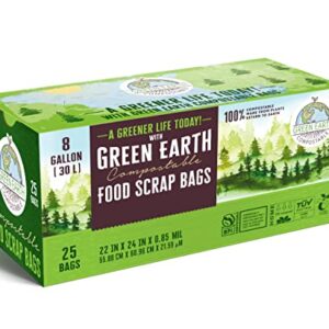 Green Earth Compostable Medium Kitchen Food Scrap Waste Bags, Compost Bin Compatible, 8 Gallon, 30 Liter, 25-Count, 0.85 Mil Thickness, ASTM D6400, US BPI and Europe OK Compost Home Certified, USA