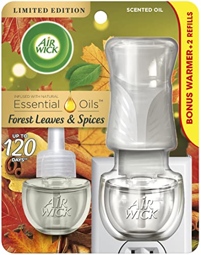 Air Wick Plug in Scented Oil Starter Kit (Warmer +2 Refills), Forest Spice & Leaves, Fall Scent, Essential Oils, Air Freshener