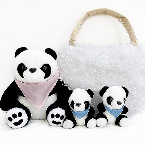 Perfectto Design Panda Stuffed Animal Bear Plush Toy for Girls 5 PCS Set - Mommy, 2 Babies, Bag, Blanket stuffies 3 4 5 Year Old Girl, Little Girls Birthday, Christmas Age 3-9