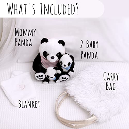 Perfectto Design Panda Stuffed Animal Bear Plush Toy for Girls 5 PCS Set - Mommy, 2 Babies, Bag, Blanket stuffies 3 4 5 Year Old Girl, Little Girls Birthday, Christmas Age 3-9