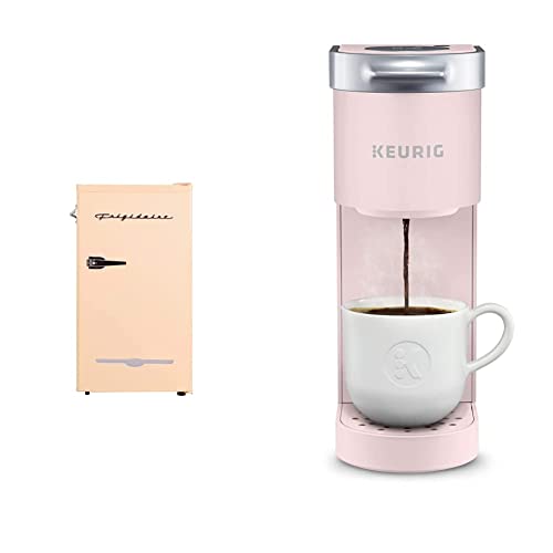 Frigidaire EFR376-CORAL Retro Bar Fridge Refrigerator with Side Bottle Opener, 3.2 cu. Ft, Coral & Keurig K-Mini Coffee Maker, Single Serve K-Cup Pod Coffee Brewer, 6 to 12 oz. Brew Sizes, Dusty Rose