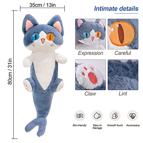 OOPSHANA Lovely Plush Shark Cat Doll Cute Cartoon Soft Stuffed Shark Kitten Pillow Long Throw Sleeping Pillow Doll Toy Gift for Kids Girlfriend,19.7/33/53Inches