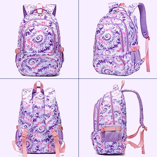 BLUEFAIRY Kids Backpack for Girls Elementary Primary Middle School Bags for Teens Childs Tie Dye Bookbags Cute Durable Travel Gifts Morrales Mochilas para Niñas de 4 5 6 7 8 9 Nños 17 Inch (Purple)