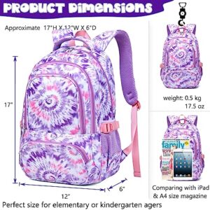 BLUEFAIRY Kids Backpack for Girls Elementary Primary Middle School Bags for Teens Childs Tie Dye Bookbags Cute Durable Travel Gifts Morrales Mochilas para Niñas de 4 5 6 7 8 9 Nños 17 Inch (Purple)