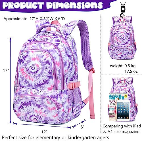 BLUEFAIRY Kids Backpack for Girls Elementary Primary Middle School Bags for Teens Childs Tie Dye Bookbags Cute Durable Travel Gifts Morrales Mochilas para Niñas de 4 5 6 7 8 9 Nños 17 Inch (Purple)