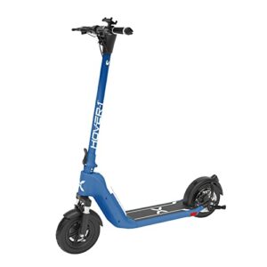 hover-1 helios folding electric scooter, 18 mph top speed, 24 mile range, 500 watts max power, 10” pneumatic tires, rear disc brakes, removable battery, and dual front suspension