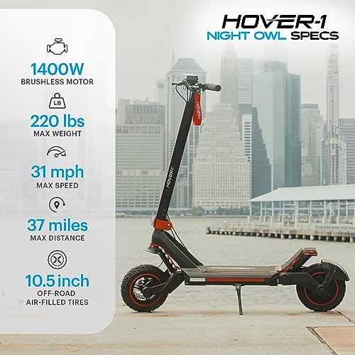 Hover-1 Night Owl Electric Folding Scooter, 31 MPH Top Speed, 37 Mile Range, 1400 Watts Max Power, 10.5” Offroad Tires, Dual Disc Brakes, and Front and Rear Suspension