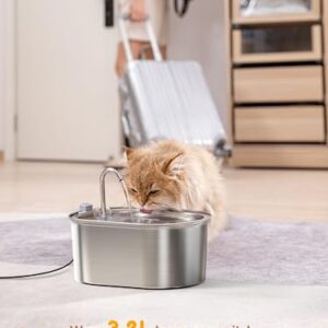 SOOFPET Cat Water Fountain Stainless Steel, 3,2L/108oz Pet Water Fountain, Automatic Cat Fountain with Quiet Pump, Dishwasher Safe Design, Suitable for Multiple Pets