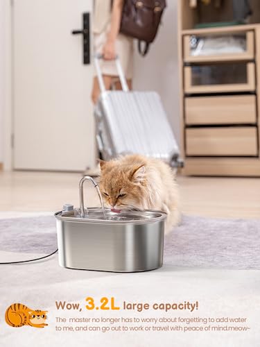 SOOFPET Cat Water Fountain Stainless Steel, 3,2L/108oz Pet Water Fountain, Automatic Cat Fountain with Quiet Pump, Dishwasher Safe Design, Suitable for Multiple Pets