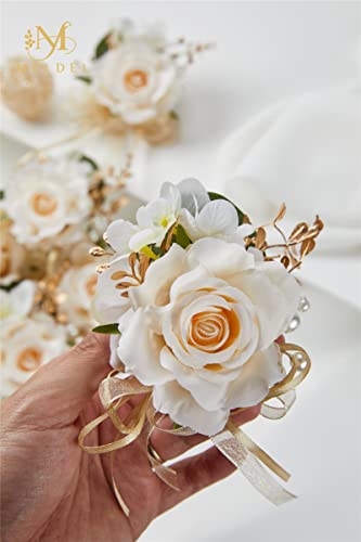 Meldel Champagne Prom Flower Wrist Corsage for Wedding, Set of 6, Rose Wrist Flower for Mother of Bride and Groom , Bride Bridesmaid Girl Women Party, Homecoming Ceremony Anniversary