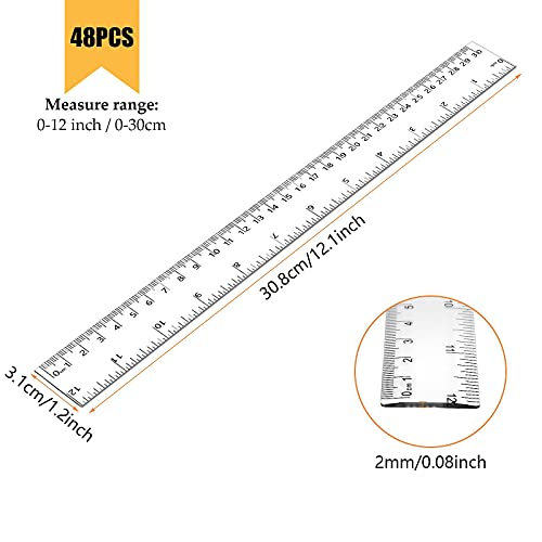 [48 Pack] Transparent Ruler 12 Inches - Clear Plastic Flexible Rulers - Ruler with Inches, Centimeters and Millimeter for Kids and Teachers - Metric Rulers Bulk, Used for Classroom & School Supplies