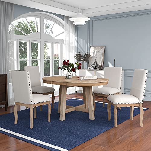 Harper & Bright Designs 5-Piece Farmhouse Extendable Round Dining Table and Upholstered Chair Set, Round Dining Table with Shelf, Wood Dining Table Set for Family Dining Area