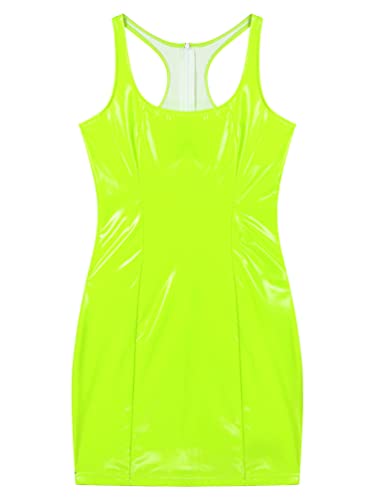 YONGHS Women's Latex Faux Leather Bodycon Mini Dress Sleeveless Low Cut Sexy Party Club Dresses Fluorescent Green X-Large