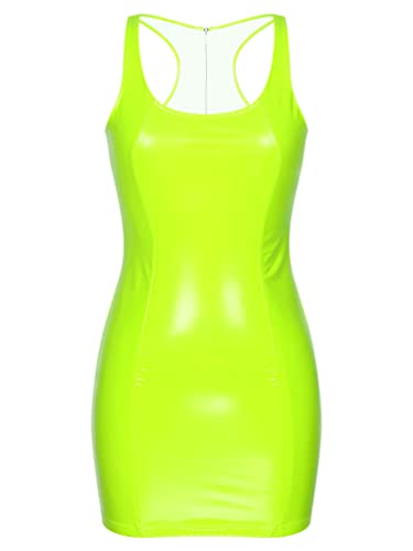 YONGHS Women's Latex Faux Leather Bodycon Mini Dress Sleeveless Low Cut Sexy Party Club Dresses Fluorescent Green X-Large