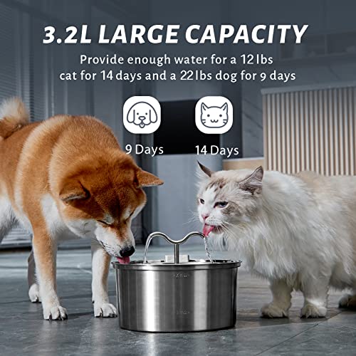 DOOOB Cat Water Fountain, 3.2L/108OZ Stainless Steel Pet Water Dispenser Automatic Metal Dog Drinking Bowl with 3 Replacement Filters Ultra-Quiet Pump and Waterproof Food Mats