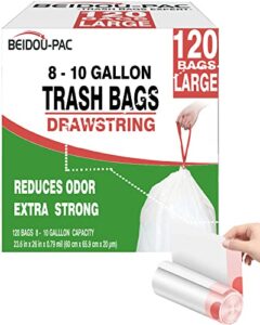 beidou-pac trash bags 8-10 gallon drawstring, 120 count, multifold roll garbage bags, large kitchen trash bags, odorless & heavy duty white plastic food scrap bags for bathroom bedroom office waste