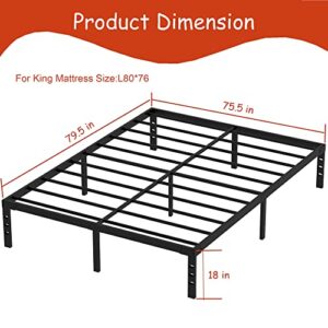 Tooyyer King Bed Frame 18inch High Heavy Duty Steel Slat Maximum 2500 lbs Support for Mattress Foundation No Box Spring Needed Easy to Assemble Non-Slip Noise Free Bed King