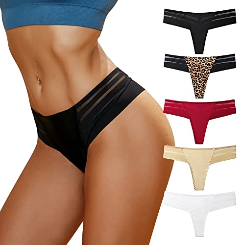 chahoo Womens Thong Underwear, Sexy Low Rise Panties Seamless G-string T Back Lace Thongs, 5-Pack No Show Thongs for Women