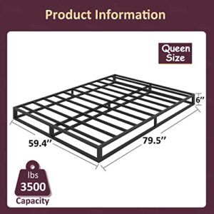 Bilily 6 Inch Queen Bed Frame with Steel Slat Support, Low Profile Queen Metal Platform Bed Frame Support Mattress Foundation, No Box Spring Needed/Easy Assembly/Noise Free