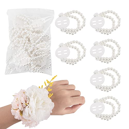 Framendino, 16 Pack Corsage Wristlet Elastic Stretch Faux Pearl Wrist Corsage Bands Elastic Pearl Wristband Wedding Pearl Bracelet for Wedding Party Prom Bride Bridesmaid