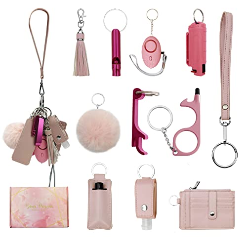 Araafur Leather Wristlet Keychain Set with Personal Alarm and Bottle Opener, Car Keychain Accessories for Women (Pink Keychain Wallet set)