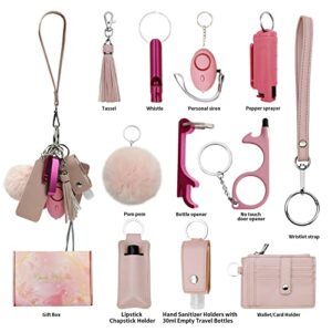 Araafur Leather Wristlet Keychain Set with Personal Alarm and Bottle Opener, Car Keychain Accessories for Women (Pink Keychain Wallet set)