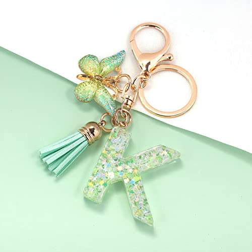 OKAICEN Fashion Alphabet Initial Letter Keychain Green Tassel Butterfly Pendant Key Ring for Purse Handbags Women Girl('K')