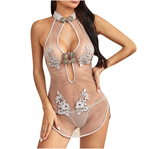 Women's Sexy Lingerie for Sex Naughty Play Mesh Embroidery Sheer Babydoll Teddy Lingerie Thong Slutty Pajama Nightgown Beige