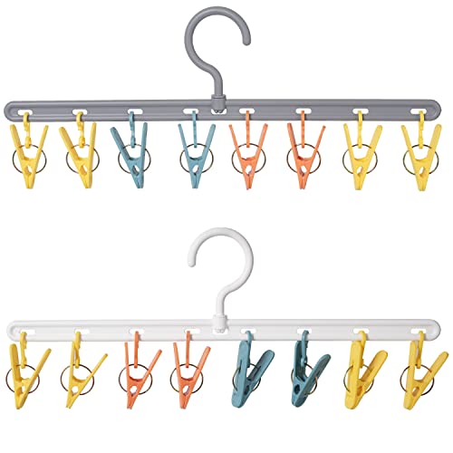 Foshine Clothes Hanger with 8 Color Clips 2 Pack Clothes Drying Racks Windproof for Drying Socks Bras Underwears Baby Clothes, Hats Scarfs Towels Pants and Gloves Diaper White Gray