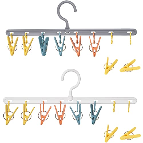 Foshine Clothes Hanger with 8 Color Clips 2 Pack Clothes Drying Racks Windproof for Drying Socks Bras Underwears Baby Clothes, Hats Scarfs Towels Pants and Gloves Diaper White Gray