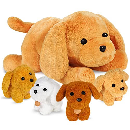 KMUYSL Puppy Stuffed Animals Toys for Ages 3 4 5 6 7 8+ Years Old Kids - Mommy Dog with 4 Baby Puppies in Her Tummy, Idea Xmas Birthday Gifts for Baby, Toddler, Girls, Boys