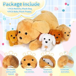 KMUYSL Puppy Stuffed Animals Toys for Ages 3 4 5 6 7 8+ Years Old Kids - Mommy Dog with 4 Baby Puppies in Her Tummy, Idea Xmas Birthday Gifts for Baby, Toddler, Girls, Boys