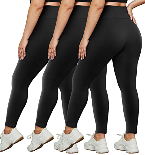 HLTPRO 3 Pack Plus Size Leggings for Women(X-Large - 4X)- High Waist Stretchy Buttery Soft Pants for Workout Running Yoga Black/Black/Black