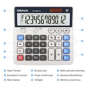 OSALO Desktop Calculator Extra Large Display 12 Digits Big Buttons Solar Accounting Calculator for Office (OS-200ML)