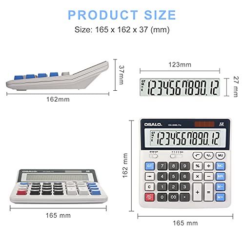 OSALO Desktop Calculator Extra Large Display 12 Digits Big Buttons Solar Accounting Calculator for Office (OS-200ML)