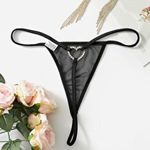 WDIRARA Women's Snakeskin Print Heart Ring Panty Strappy Underwear Thong Black Rhinestone S