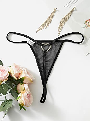 WDIRARA Women's Snakeskin Print Heart Ring Panty Strappy Underwear Thong Black Rhinestone S