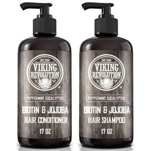 viking revolution biotin mens shampoo and conditioner set - eucalyptus and peppermint shampoo and conditioner set with jojoba oil and mint oil - peppermint oil hair conditioner for men (17 oz)