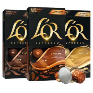 l'or espresso capsules, 30 count variety pack vanilla/chocolate/caramel, single-serve aluminum coffee capsules compatible with the l'or barista system & nespresso original machines