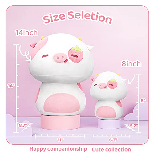 Mewaii 14” Mushroom Plush, Strawberry Cow Plush Pillow Soft Plushies Squishy Pillow, Cow Stuffed Animals Kawaii Plush Toys Throw Pillow Decoration Gift for Girls Boys