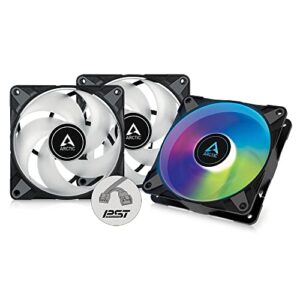 arctic p12 pwm pst a-rgb (3 pack) - 120 mm pwm case fan optimized for static pressure, case fan, semi-passive: 200-2000 rpm, 5v 3 pin argb led, single fan - black