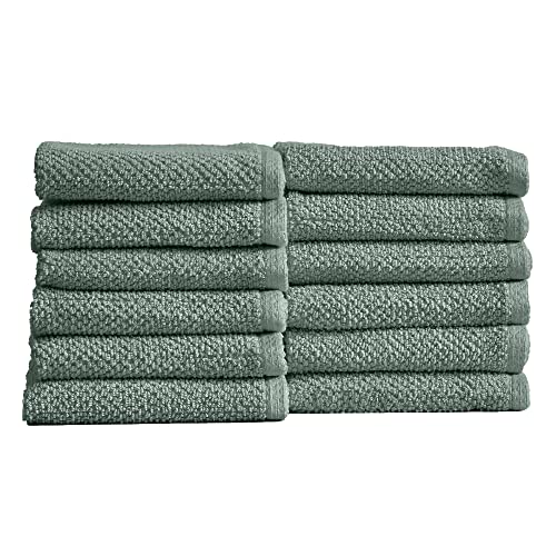 Great Bay Home 12-Pack 100% Cotton, Quick-Dry Textured Washcloths. Ultra-Absorbent, Popcorn Weave. Acacia Collection. (Wash 12pk, Eucalyptus)