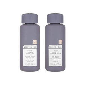 kristin ess hair purple shampoo and conditioner set for blonde, brunette, silver + gray hair, anti brass + yellow tones, safe for color treated hair, sulfate free toning shampoo conditioner