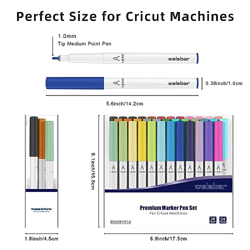 welebar 1.0 Tip Pen Set for Cricut Maker 3/Maker/Explore 3/Air 2/Air, Premium Marker Pen Set of 36 Pack Medium Point Pens for Drawing, Writing, Accessories for Cricut Machines