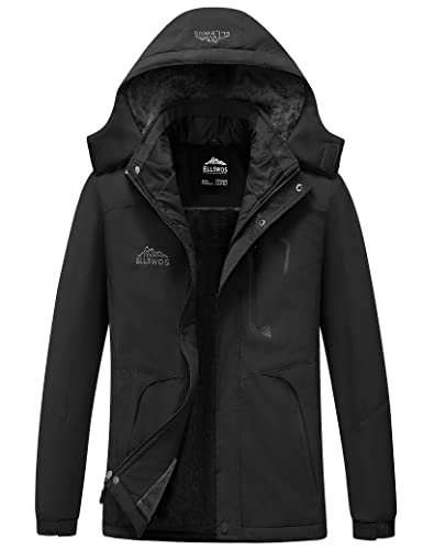 ELLSWOS Men's Waterproof Ski Jacket Winter Snow Coat Warm Hooded Raincoat Windproof Windbreakers, Black, Medium