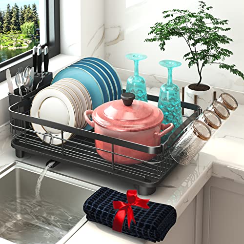 Godboat Dish Rack with Drainboard, Dish Drainers for Kitchen Counter, Drying Rack with Utensil Holder, 360° Swivel Spout, Design for Long-Lasting and Space Saver