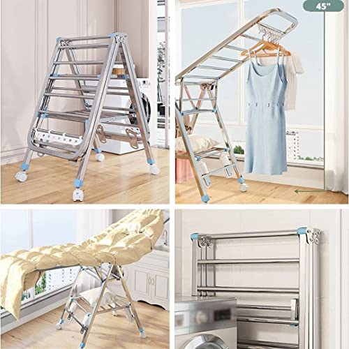 TTW Clothes Drying Rack, 3 Level Foldable Laundry Drying Rack Collapsible, Drying Rack Clothing, Extra Accessories and Wheels