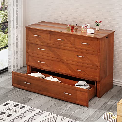 MUZZ Queen Size Murphy Cabinet Bed with Memory Foam Mattress, Charging Station and Large Drawer (Queen, Cherry)